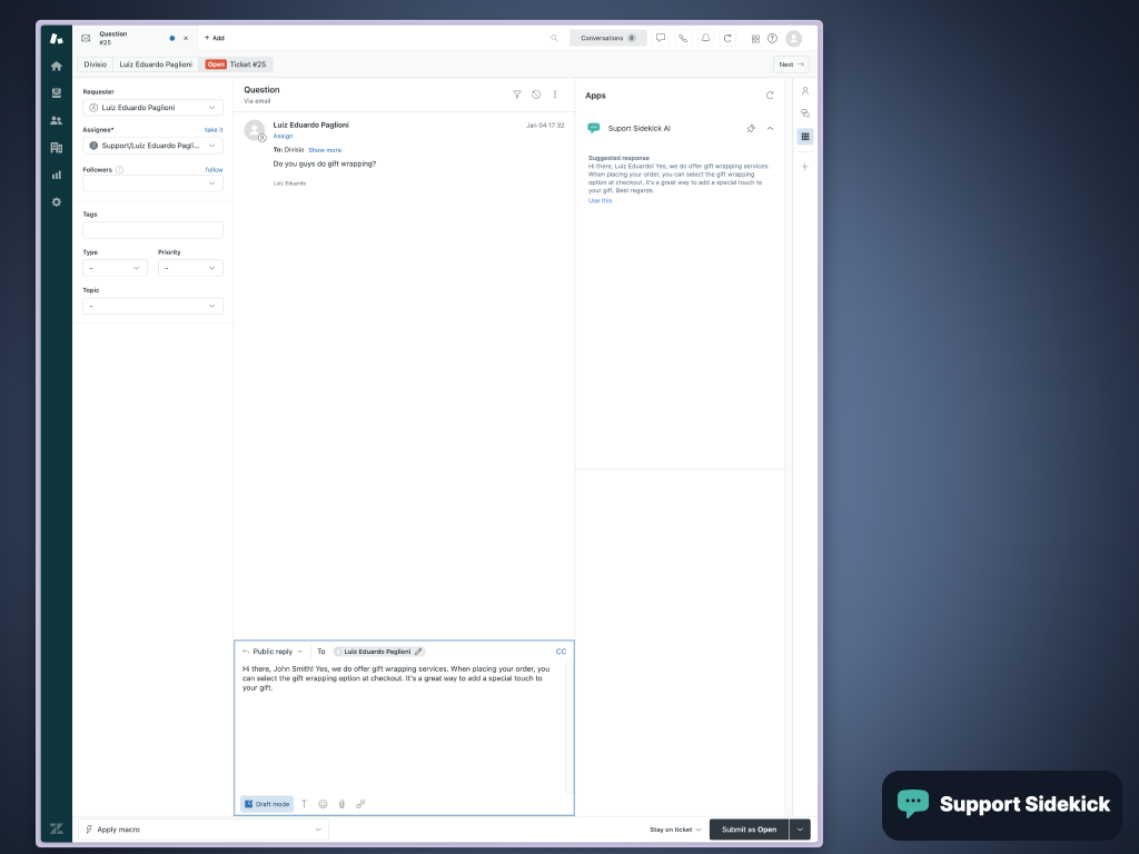 Support Sidekick AI App Integration with Zendesk Support